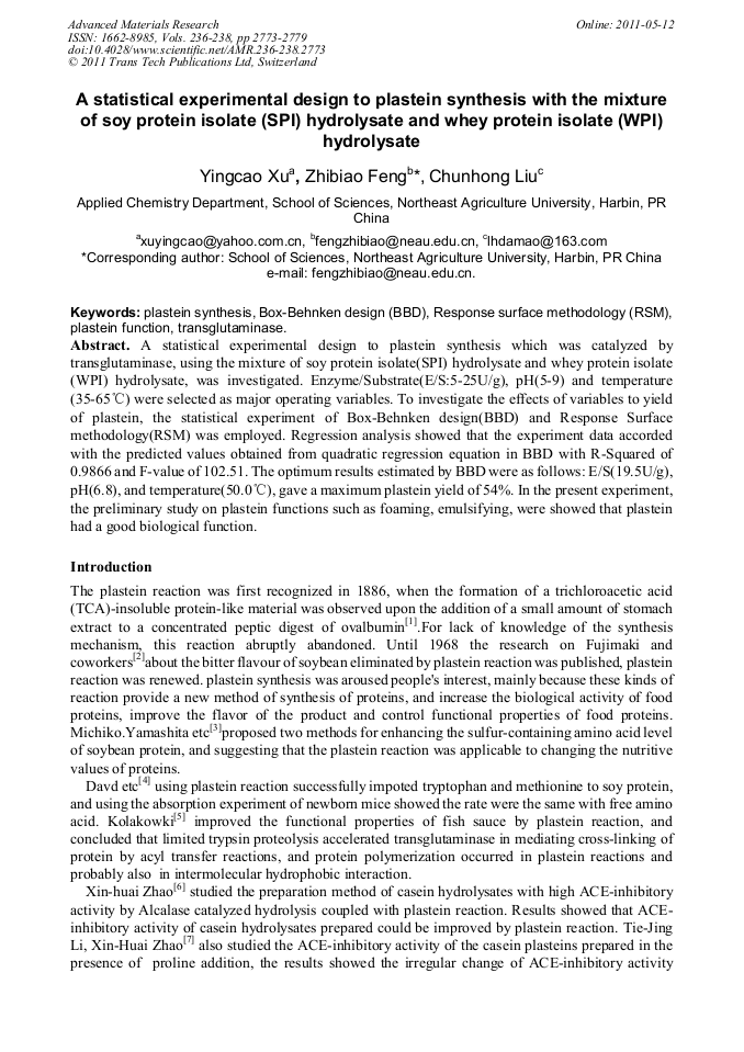 A Statistical Experimental Design to Plastein Synthesis with the ...