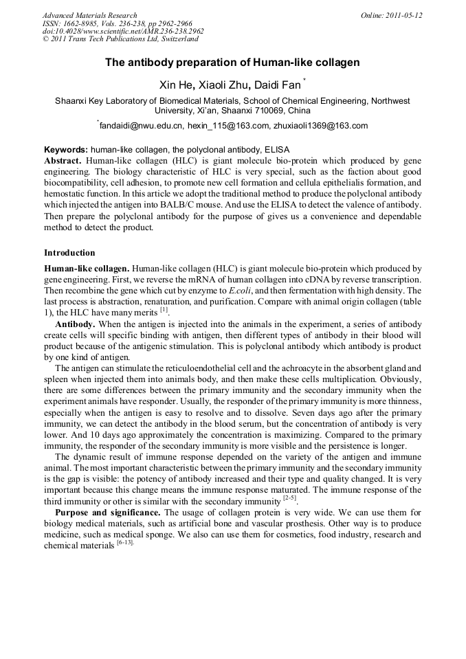 The Antibody Preparation of Human-Like Collagen | Scientific.Net