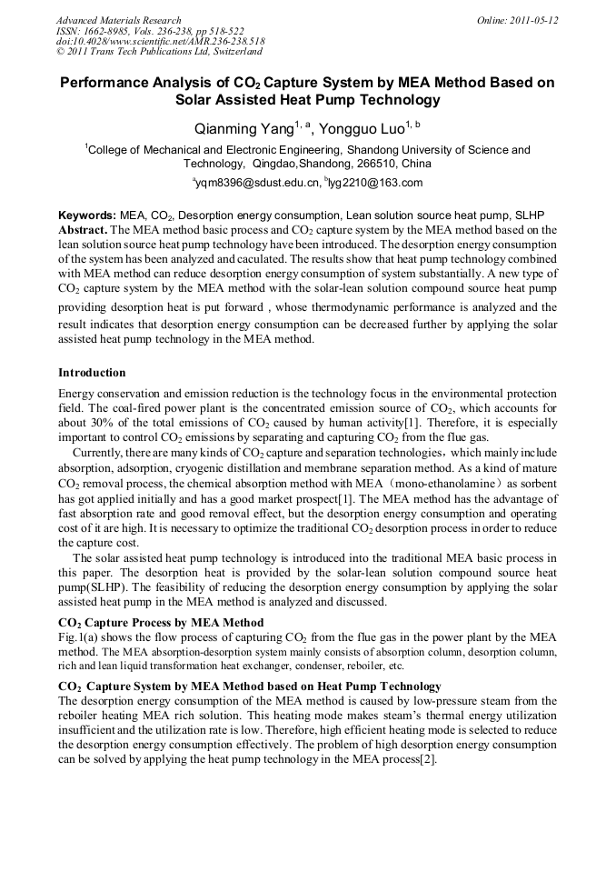 Performance Analysis of CO2 Capture System by MEA Method Based on Solar ...