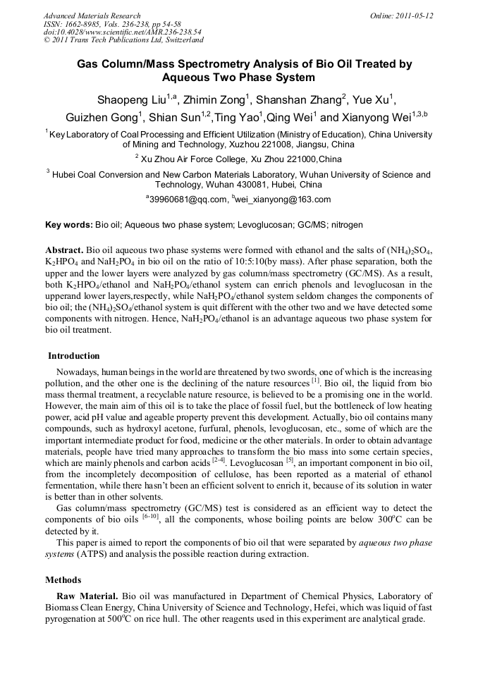 Gas Column/Mass Spectrometry Analysis of Bio Oil Treated by Aqueous Two ...