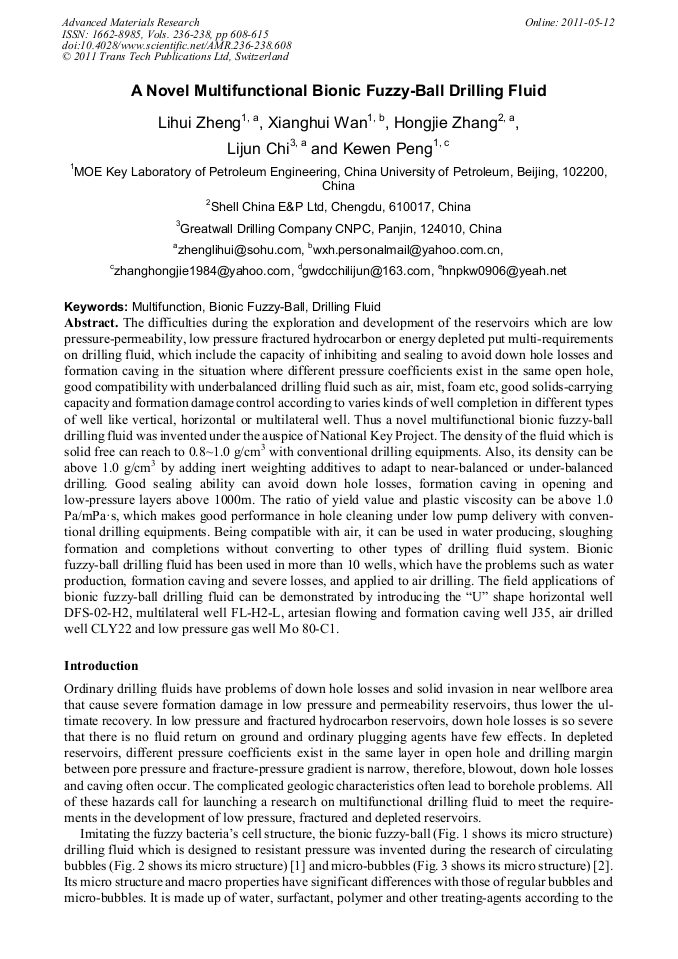 A Novel Multifunctional Bionic Fuzzy-Ball Drilling Fluid | Scientific.Net