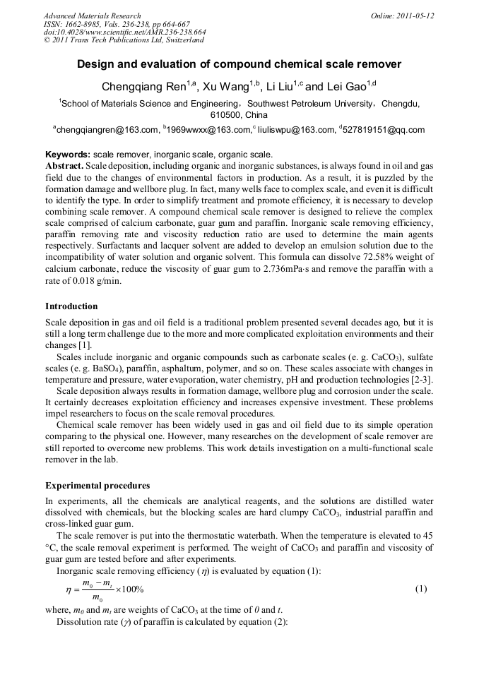 Design and Evaluation of Compound Chemical Scale Remover | Scientific.Net