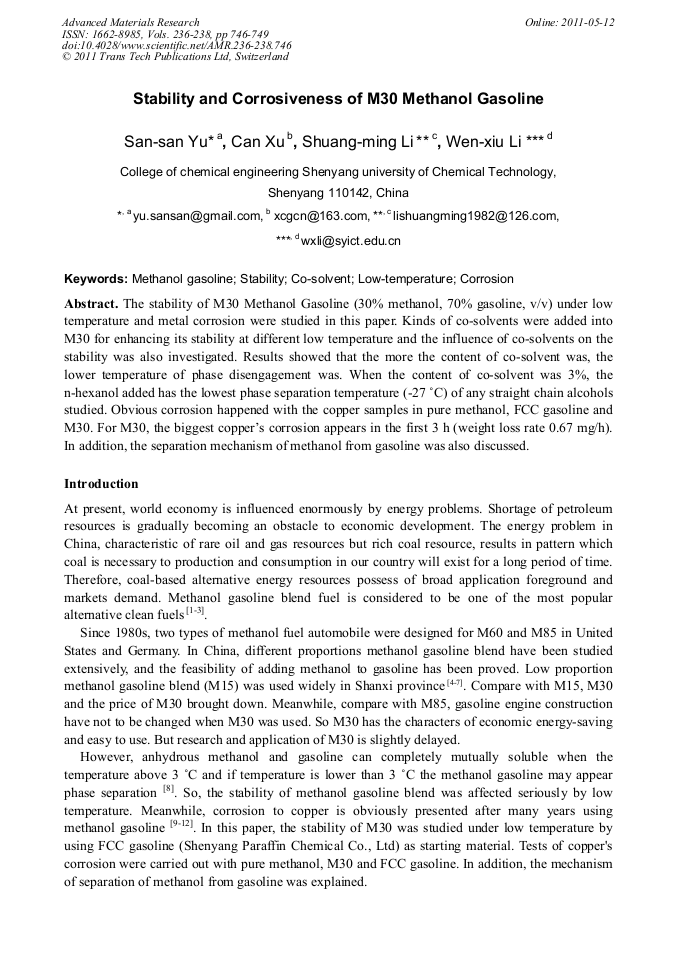 Stability and Corrosiveness of M30 Methanol Gasoline | Scientific.Net