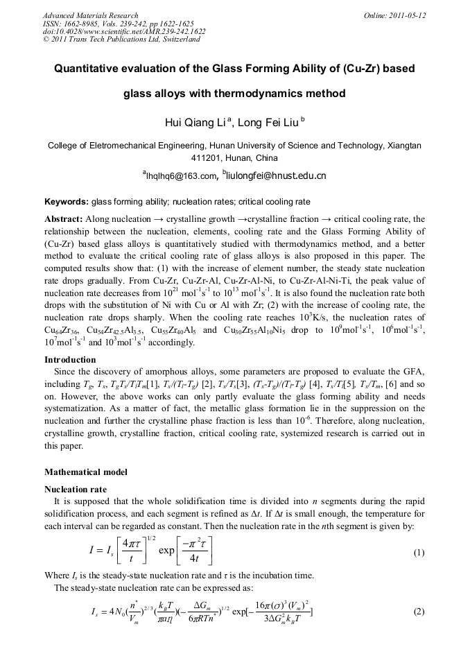 Quantitative Evaluation of the Glass Forming Ability of (Cu-Zr) Based ...