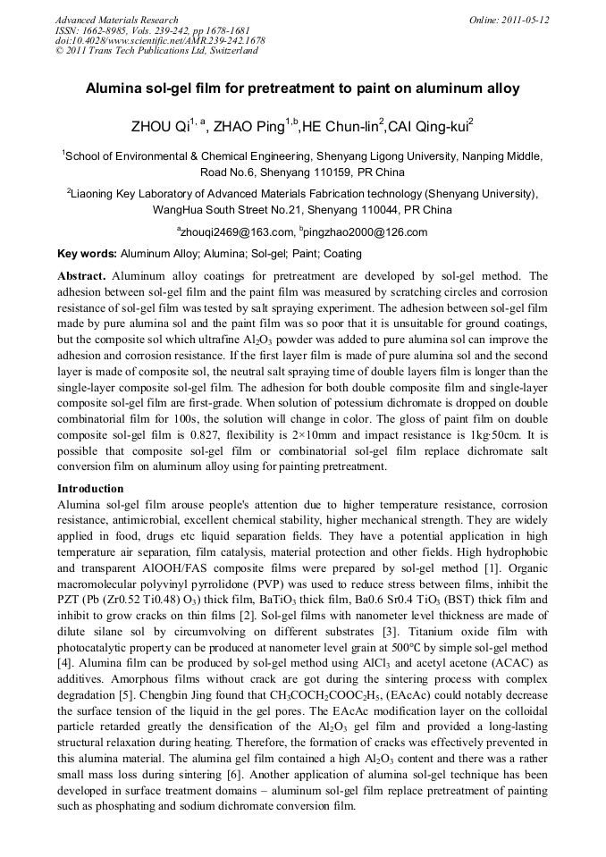 Alumina Sol-Gel Film for Pretreatment to Paint on Aluminum Alloy ...