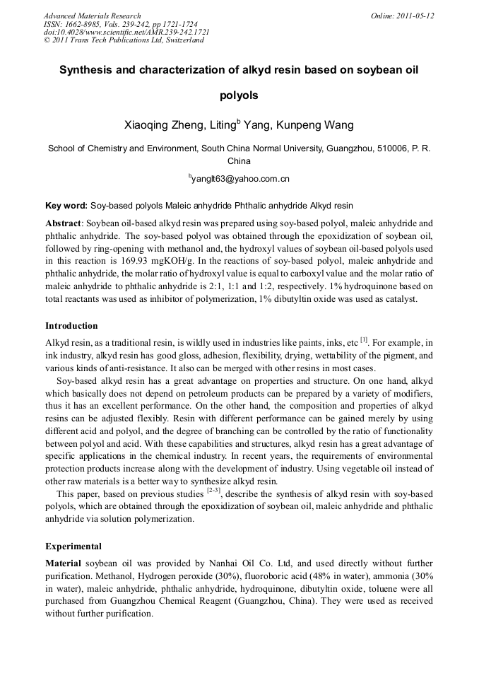 Synthesis and Characterization of Alkyd Resin Based on Soybean Oil ...