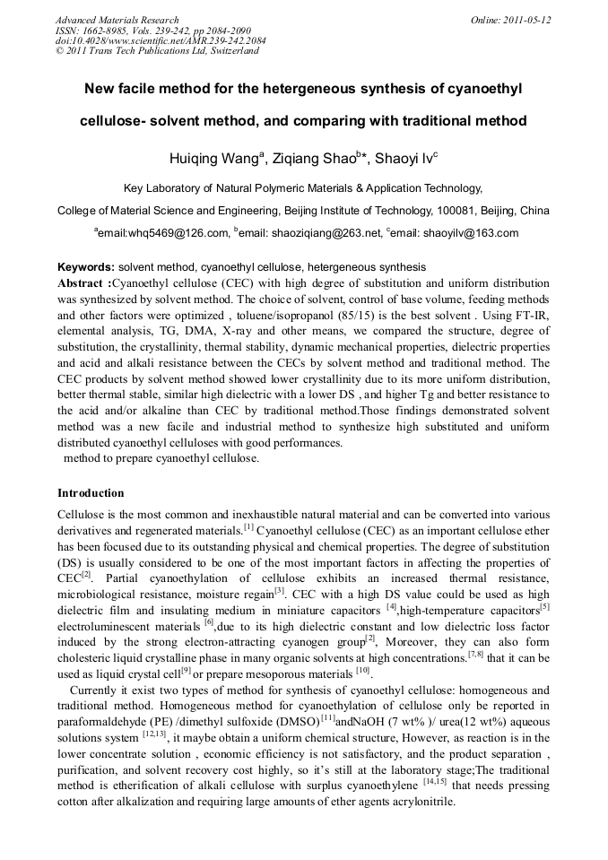 New Facile Method for the Hetergeneous Synthesis of Cyanoethyl ...