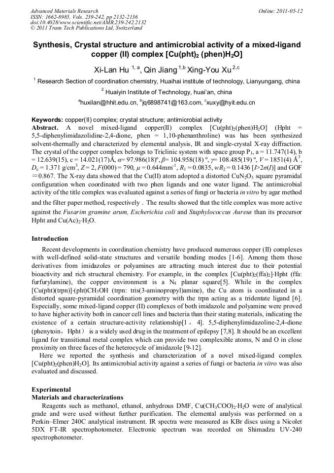 Synthesis, Crystal Structure and Antimicrobial Activity of a Mixed-Ligand Copper (II) Complex ...