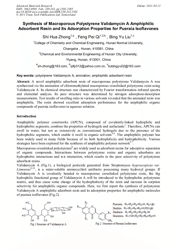 Synthesis of Macroporous Polystyrene Validamycin a Amphiphilic ...