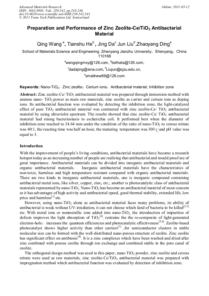 Preparation And Performance Of Zinc Zeolite Ce Tio2 Antibacterial Material Scientific Net