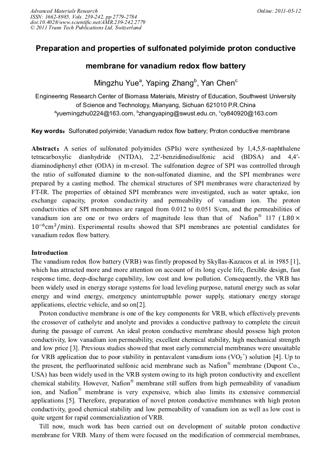 Preparation and Properties of Sulfonated Polyimide Proton Conductive ...