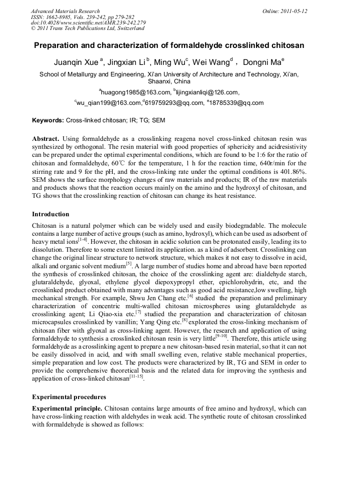 Preparation and Characterization of Formaldehyde Crosslinked Chitosan ...