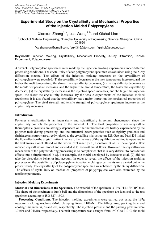 Experimental Study on the Crystallinity and Mechanical Properties of ...