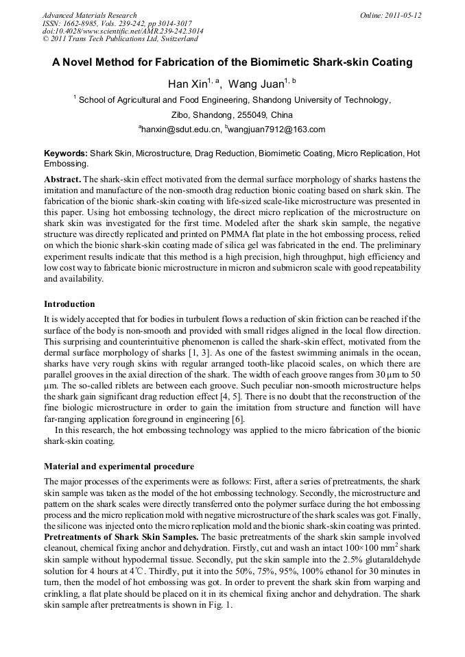 A Novel Method for Fabrication of the Biomimetic Shark-Skin Coating ...