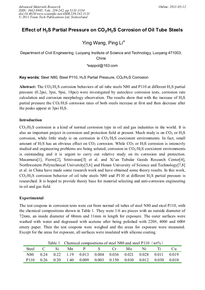 Effect of H2S Partial Pressure on CO2/H2S Corrosion of Oil Tube Steels ...