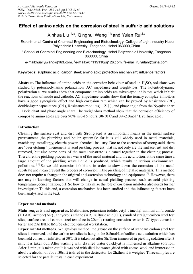 Effect of Amino Acids on the Corrosion of Steel in Sulfuric Acid ...