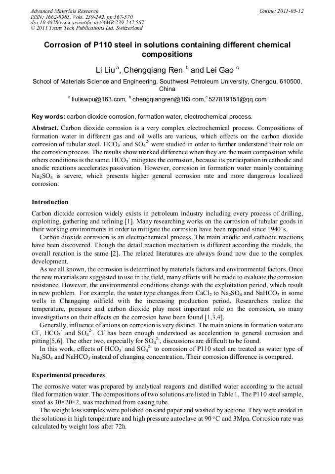 Corrosion of P110 Steel in Solutions Containing Different Chemical ...