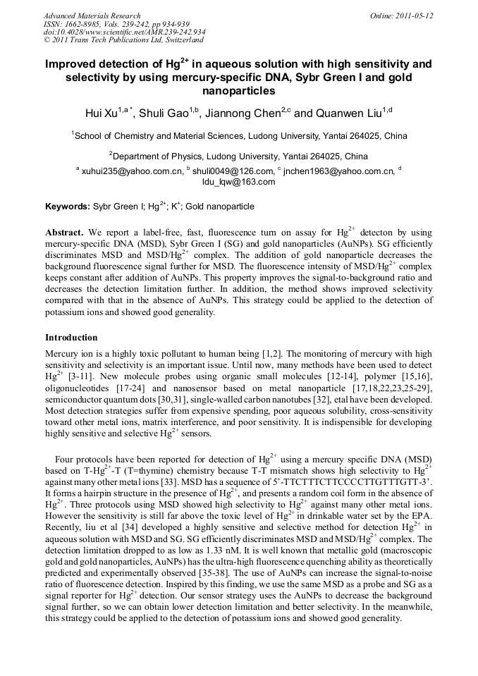 Improved Detection Of Hg2 In Aqueous Solution With High Sensitivity And Selectivity By Using