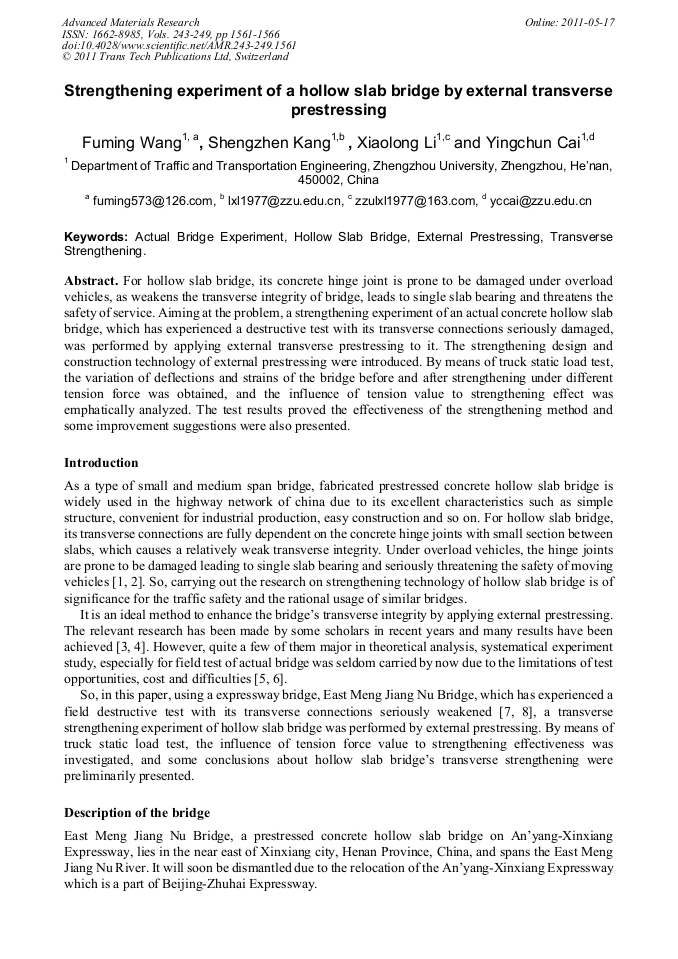 Strengthening Experiment of a Hollow Slab Bridge by External Transverse ...