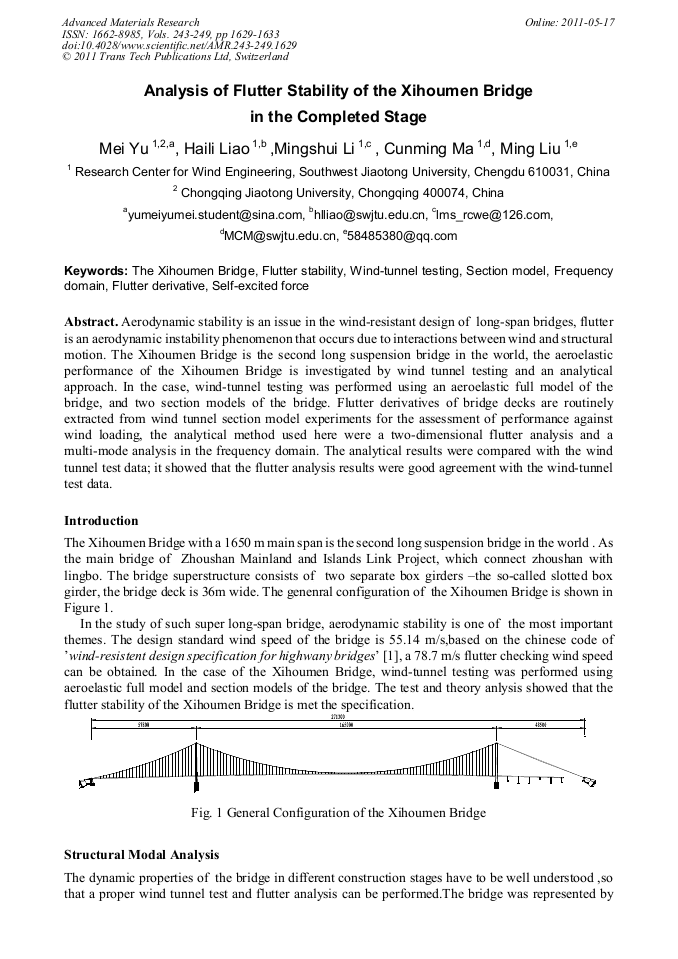 Analysis of Flutter Stability of the Xihoumen Bridge in the Completed Stage | Scientific.Net