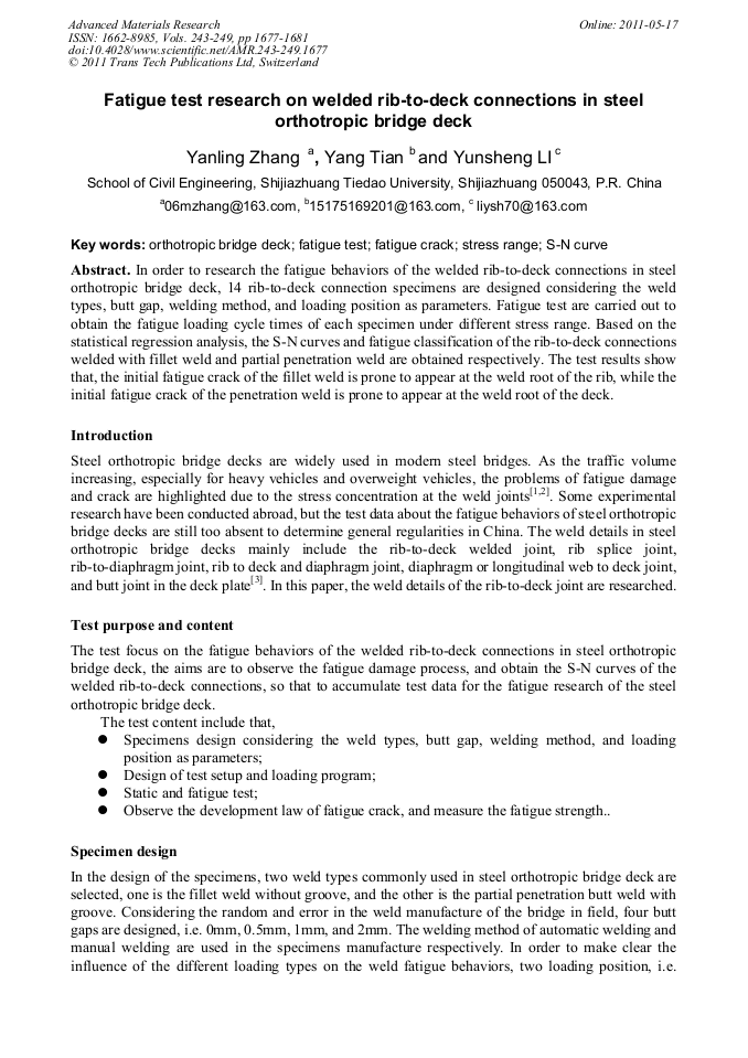 Fatigue Test Research on Welded Rib-to-Deck Connections in Steel ...