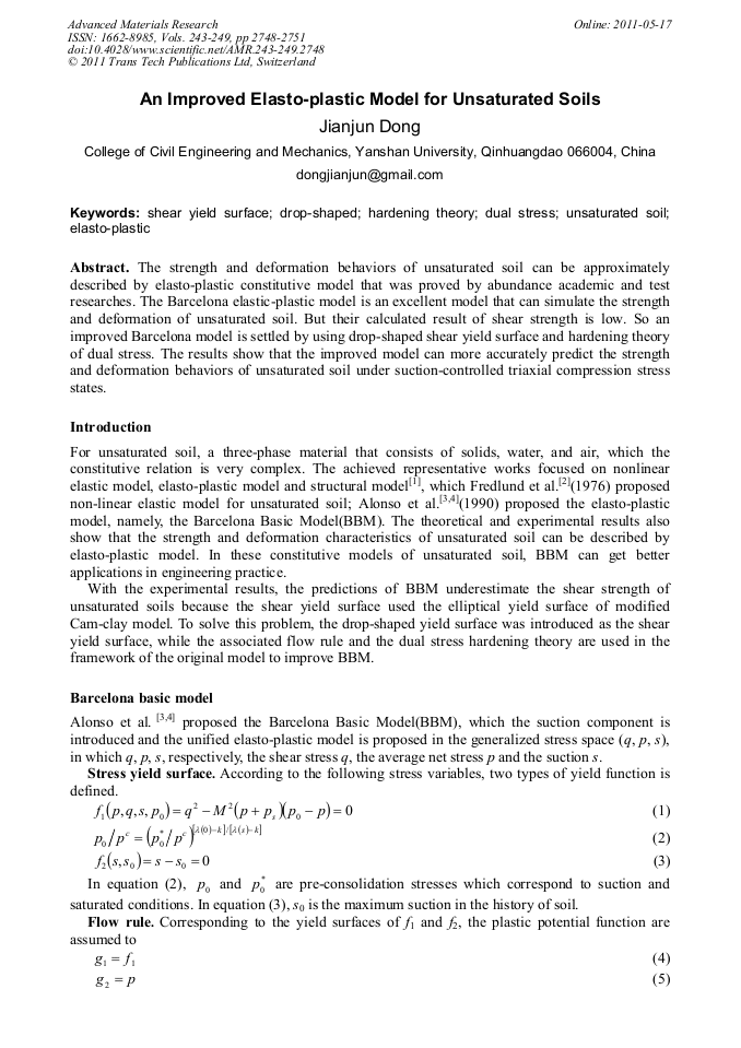 An Improved Elasto-Plastic Model for Unsaturated Soils | Scientific.Net