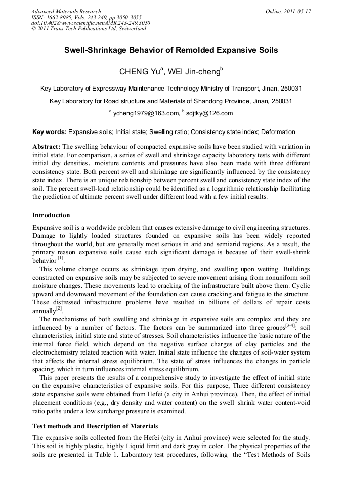 Swell-Shrinkage Behavior of Remolded Expansive Soils | Scientific.Net