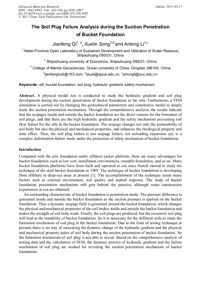 The Soil Plug Failure Analysis during the Suction Penetration of Bucket ...