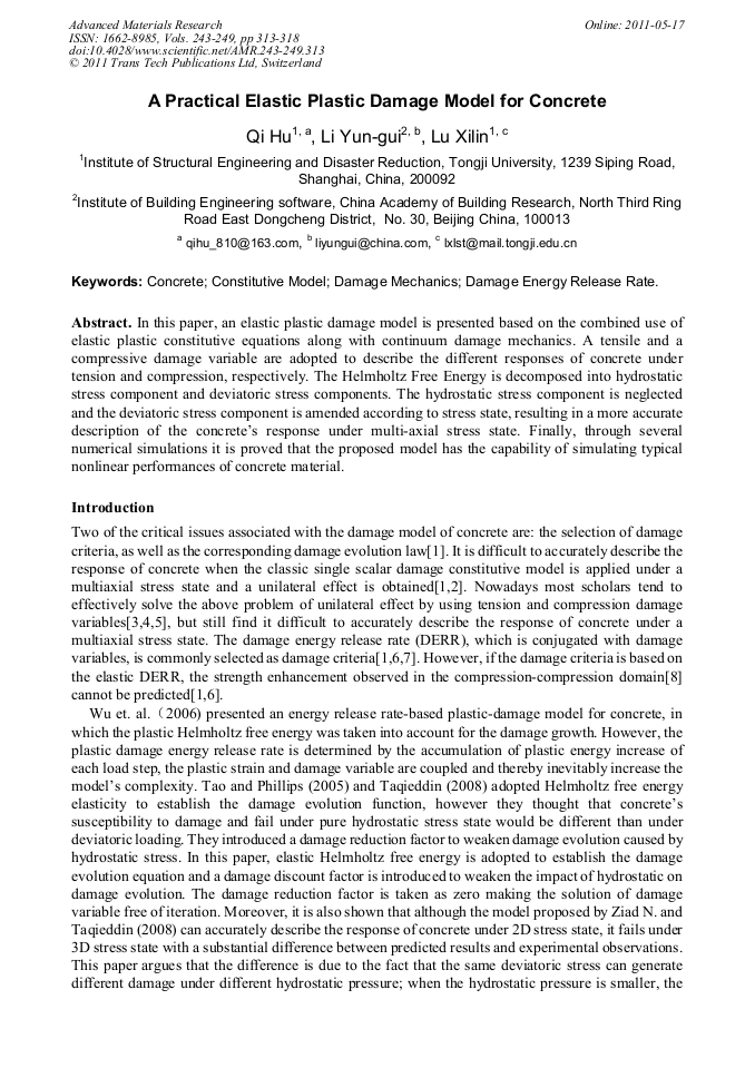 A Practical Elastic Plastic Damage Model for Concrete | Scientific.Net