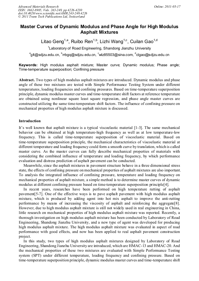 Master Curves of Dynamic Modulus and Phase Angle for High Modulus ...