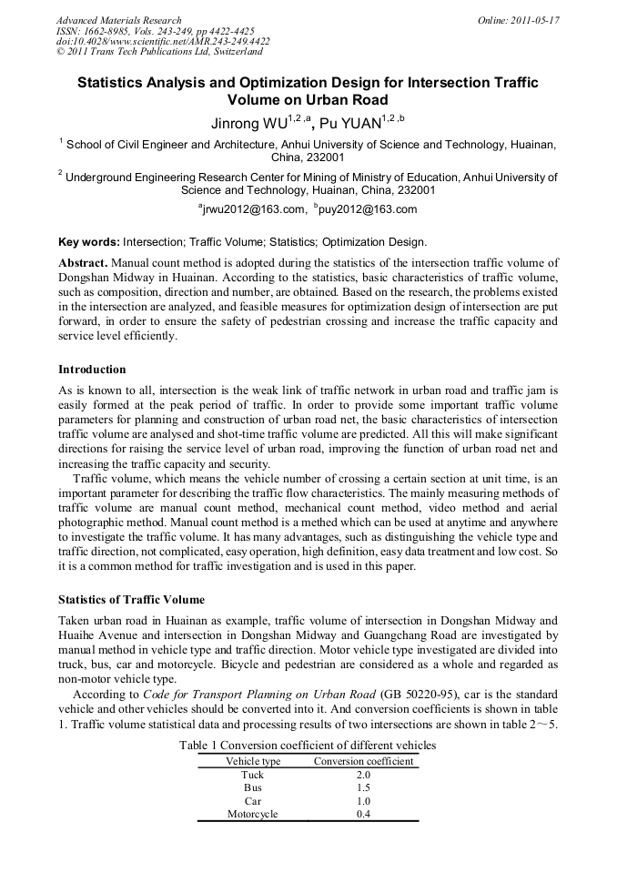 Statistics Analysis and Optimization Design for Intersection Traffic ...