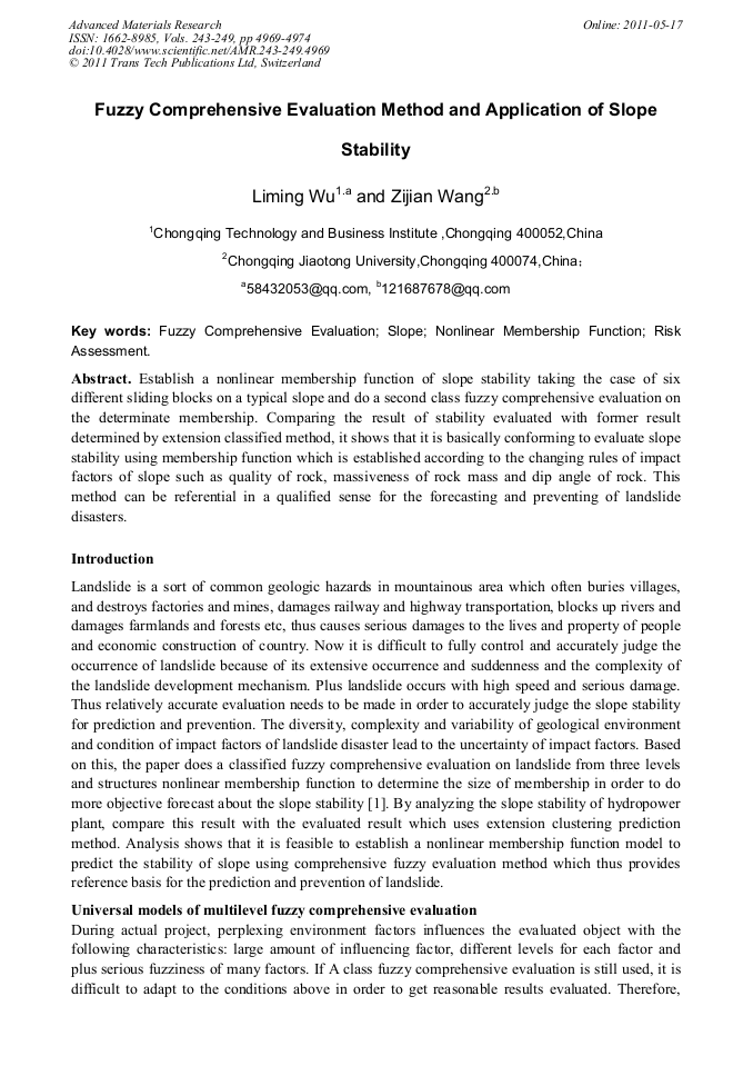 Fuzzy Comprehensive Evaluation Method and Application of Slope ...