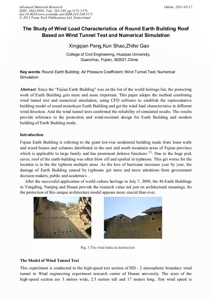 The Study of Wind Load Characteristics of Round Earth Building Roof ...