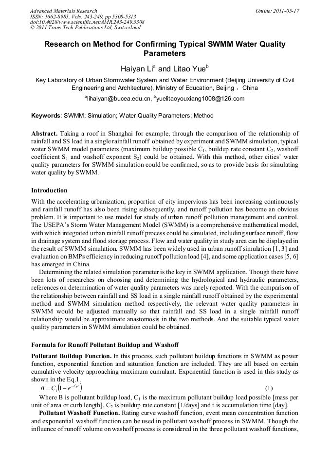 Research on Method of Confirming Typical SWMM Water Quality Parameters ...