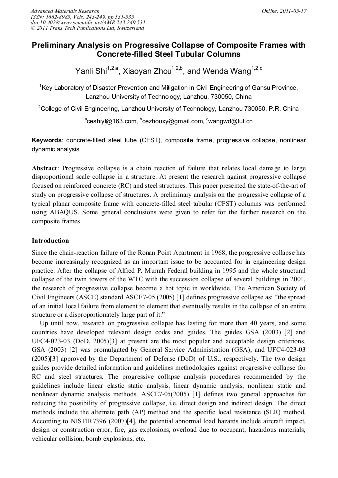Preliminary Analysis on Progressive Collapse of Composite Frames with Concrete-Filled Steel ...