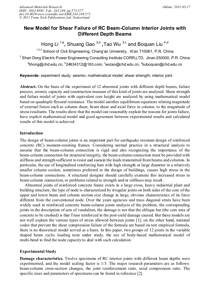 New Model for Shear Failure of RC Beam-Column Interior Joints with ...
