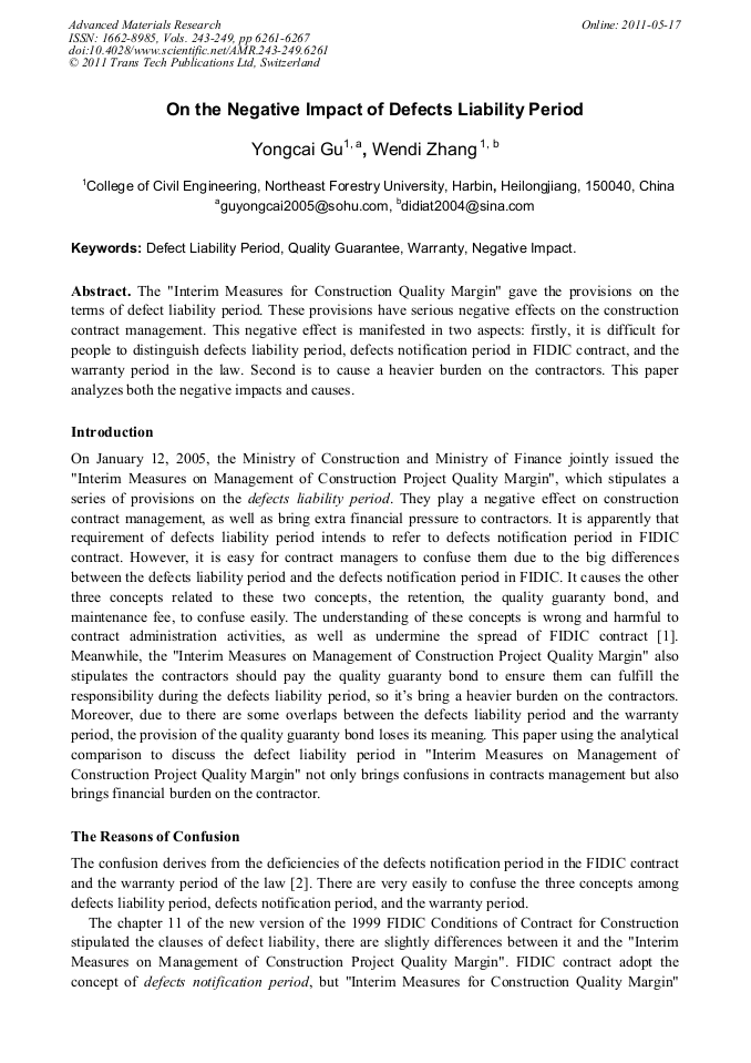 On the Negative Impact of Defects Liability Period | Scientific.Net