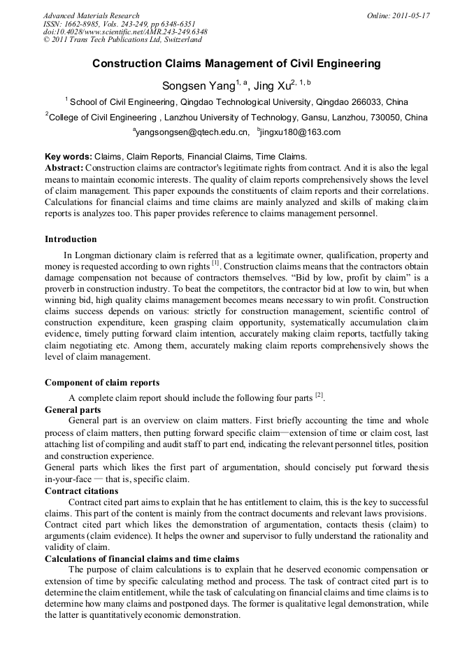 Construction Claims Management of Civil Engineering | Scientific.Net