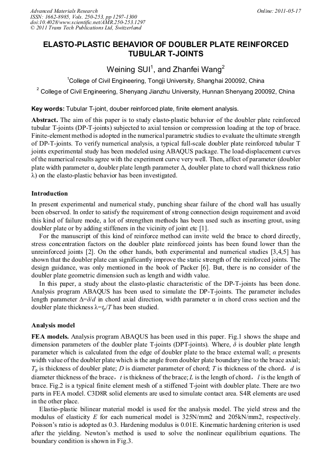 Elasto-Plastic Behavior of Doubler Plate Reinforced Tubular T-Joints ...