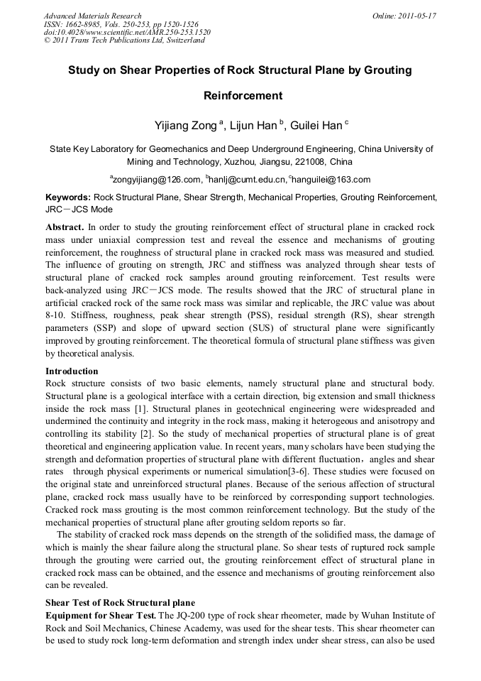 Study on Shear Properties of Rock Structural Plane by Grouting ...