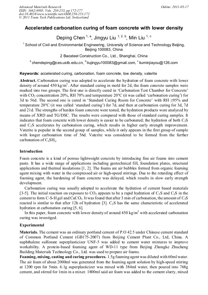 Accelerated Carbonation Curing of Foam Concrete with Lower Density ...