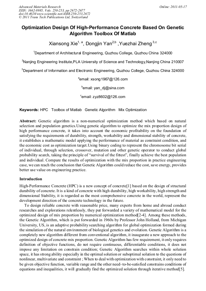 Optimization Design Of High Performance Concrete Based On Genetic Algorithm Toolbox Of Matlab