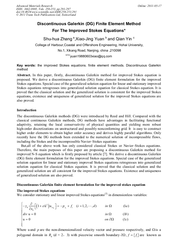 Discontinuous Galerkin (DG) Finite Element Method for the Improved Stokes Equations | Scientific.Net