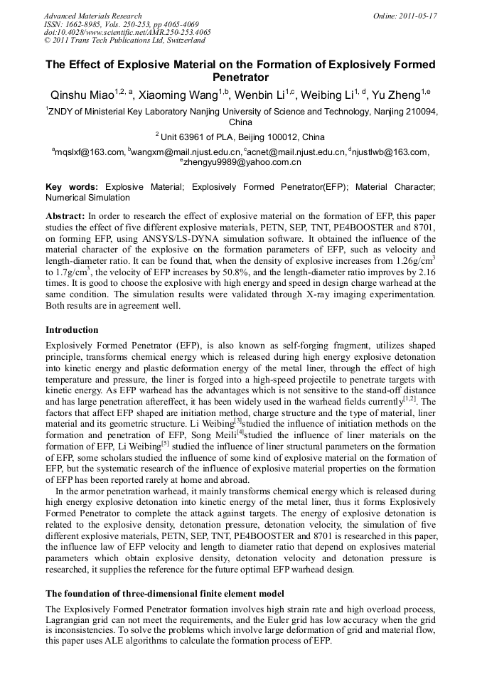 The Effect of Explosive Material on the Formation of Explosively Formed ...