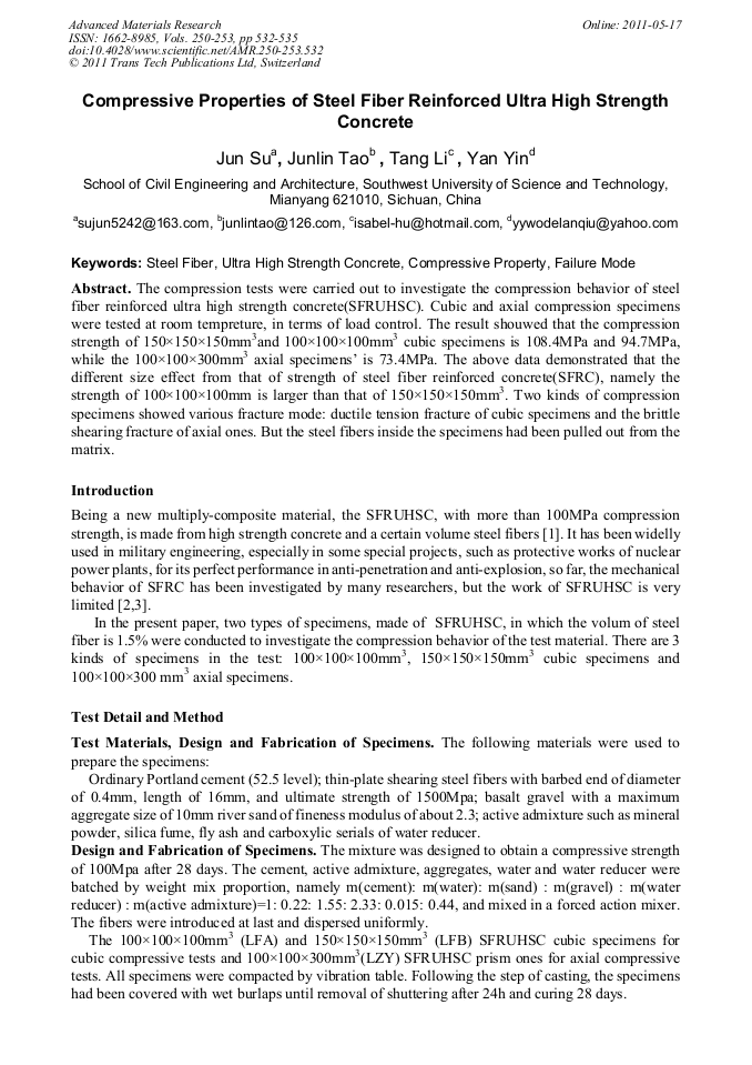 Compressive Properties of Steel Fiber Reinforced Ultra High Strength ...