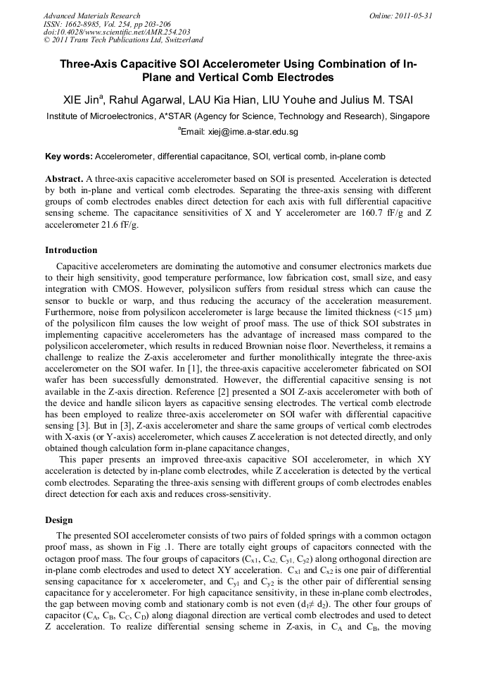 Three-Axis Capacitive SOI Accelerometer Using Combination of In-Plane ...