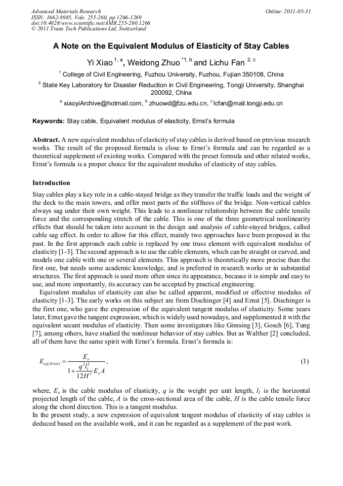 A Note on the Equivalent Modulus of Elasticity of Stay Cables ...