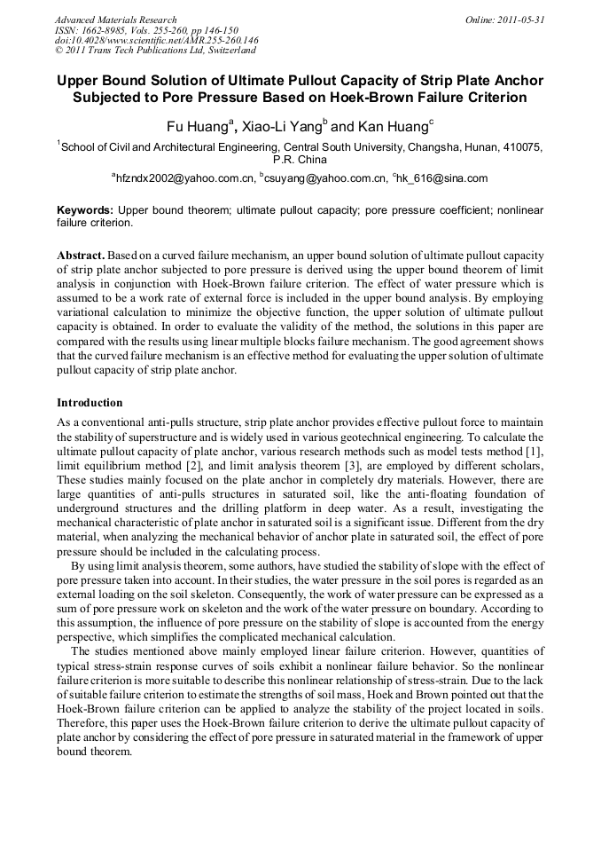 Upper Bound Solution of Ultimate Pullout Capacity of Strip Plate Anchor ...