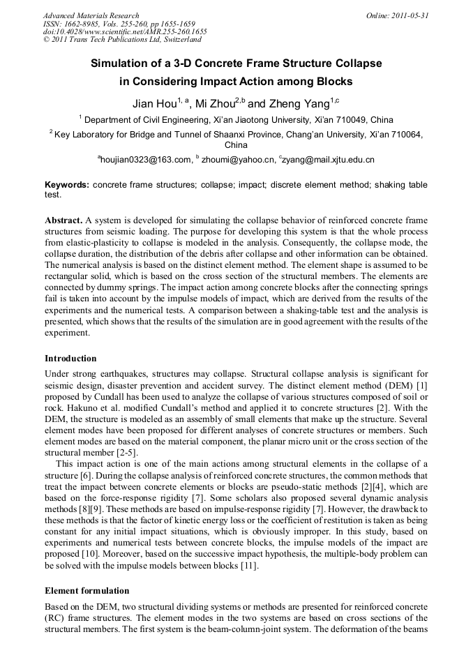 Simulation of a 3-D Concrete Frame Structure Collapse in Considering ...