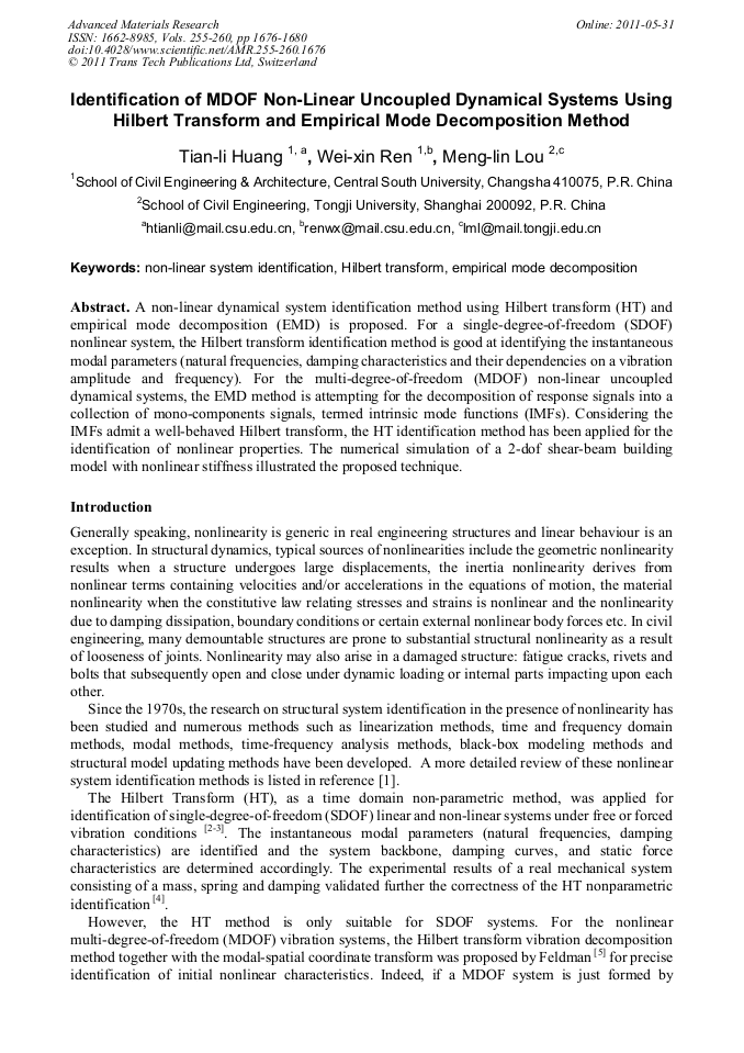 Identification of MDOF Non-Linear Uncoupled Dynamical Systems Using Hilbert Transform and ...